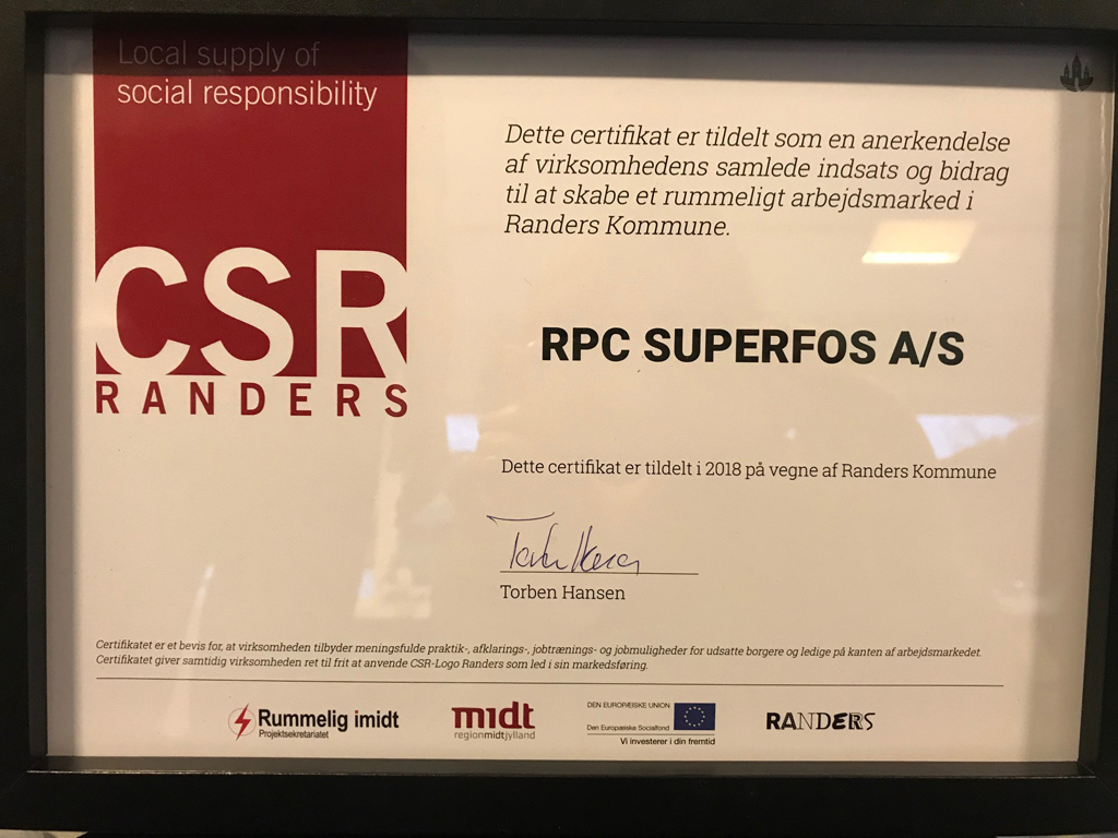 RPC Superfos mottar CSR-sertifikat fra Randers kommune